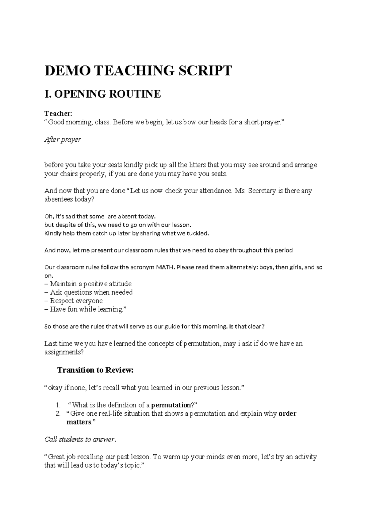 DEMO TEACHING SCRIPT: COMBINATIONS LESSON (MATH 101) - Studocu
