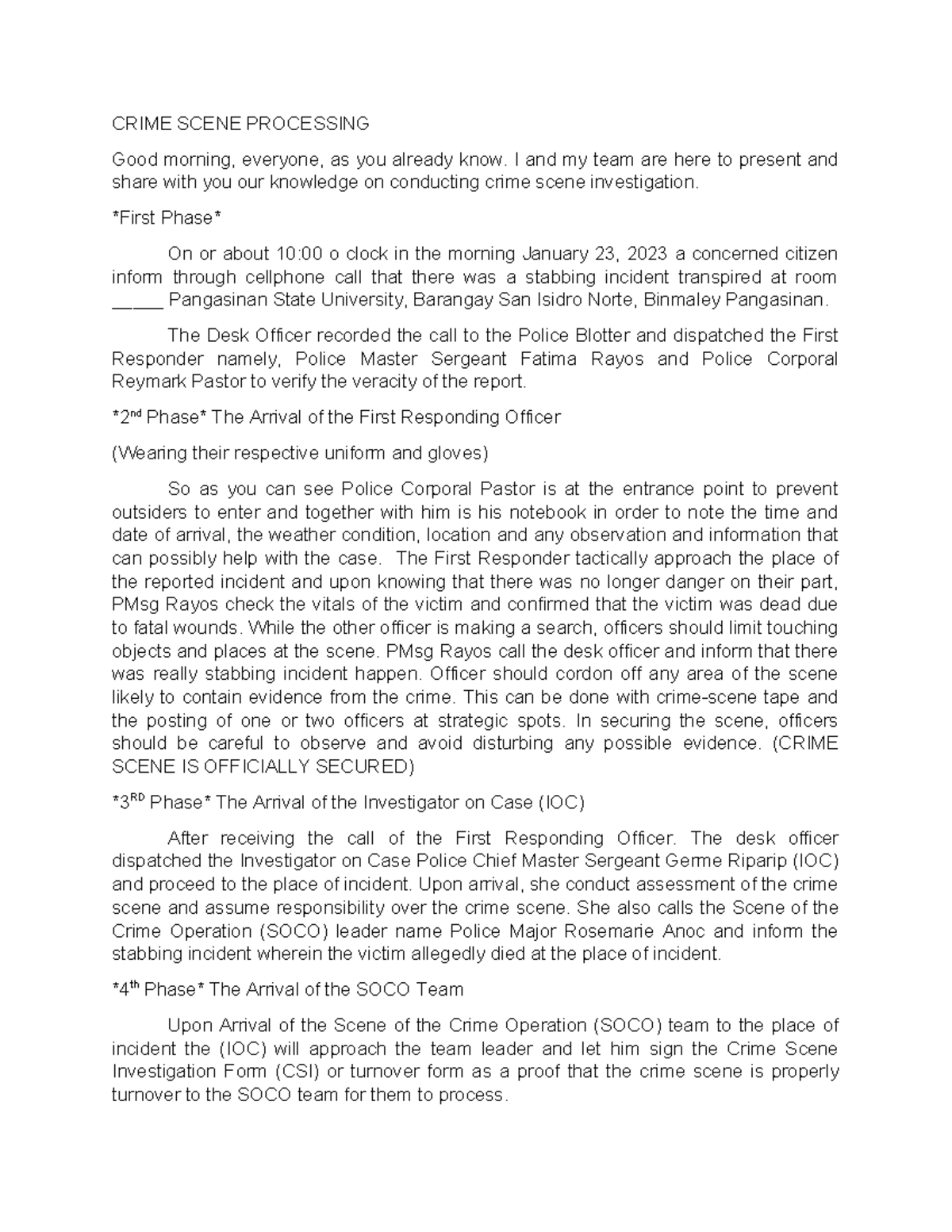 Crime Scene Processing Example for Investigation Training - Studocu