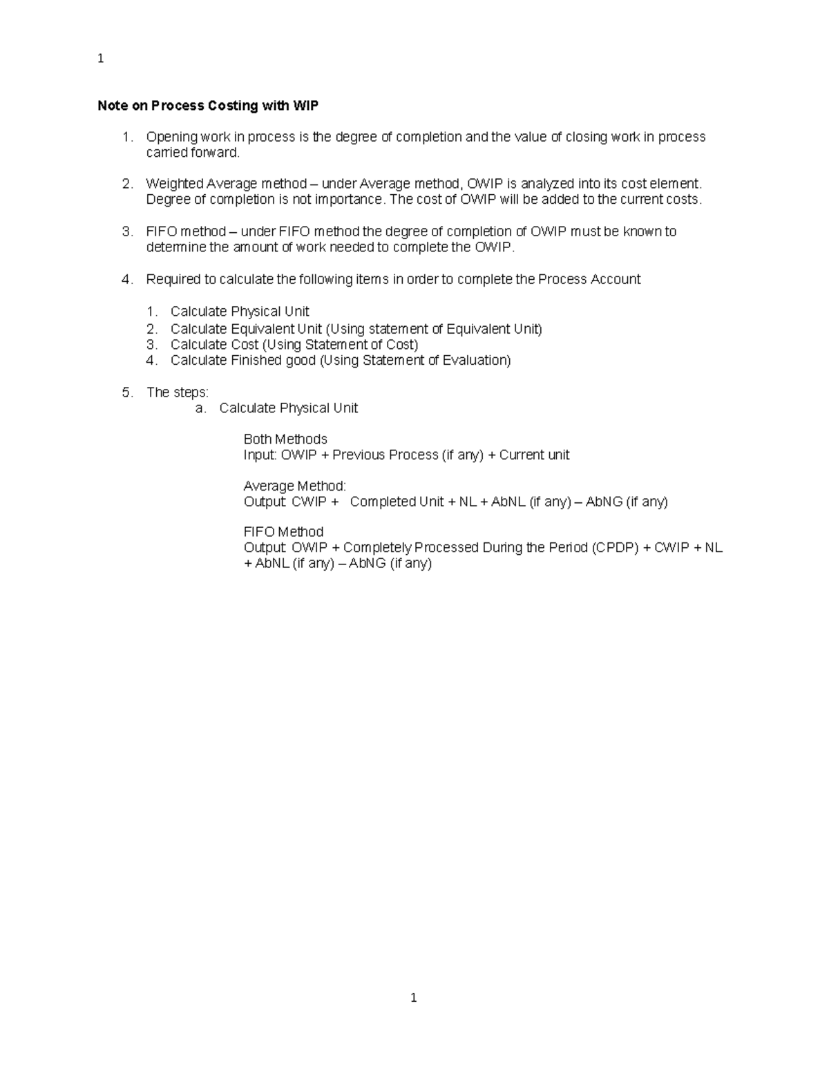 Notes on Process Costing with WIP: FIFO & WA Methods Explained - Studocu