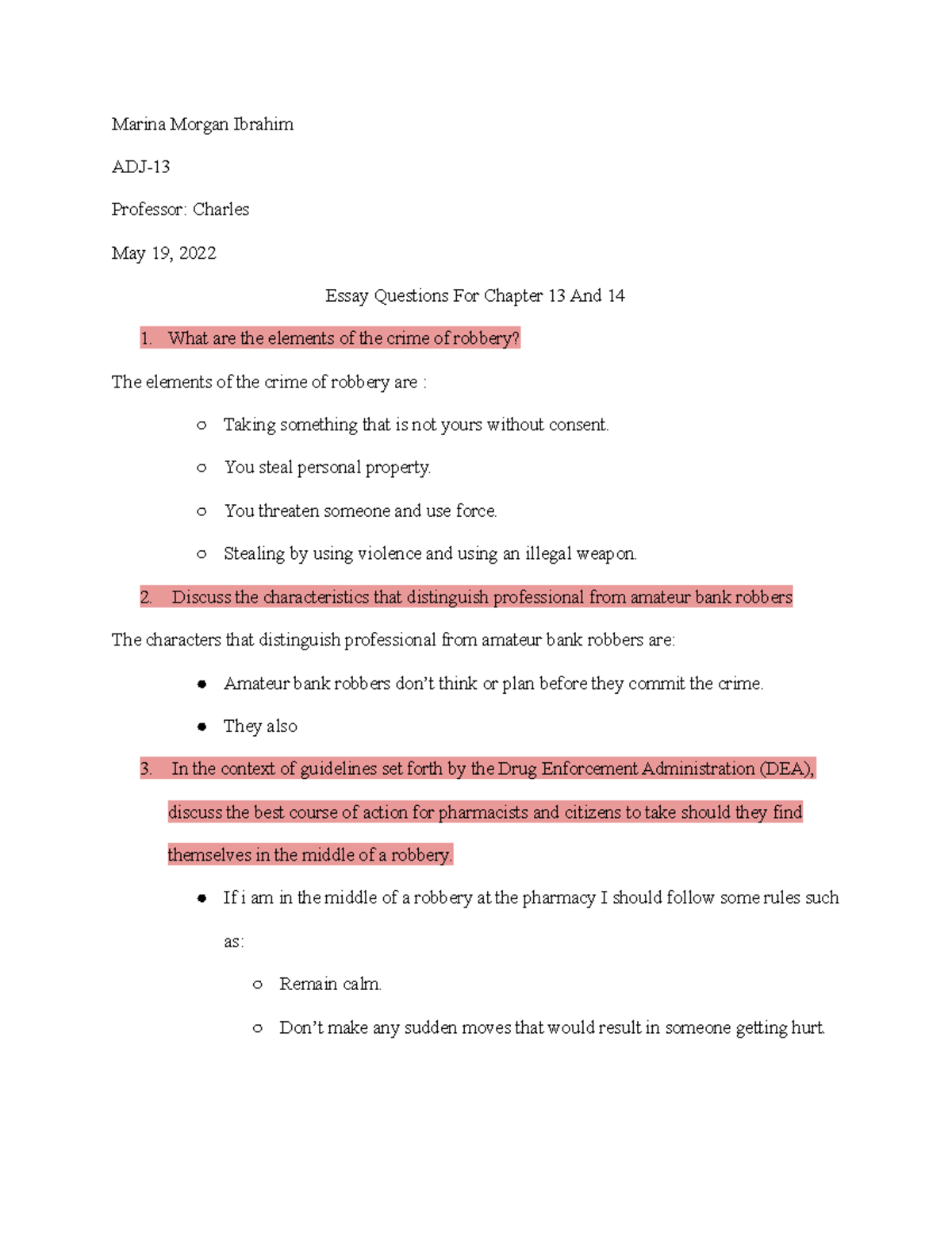 Essay Questions for ADJ- Chapters 13 & 14: Crime Elements and Robbery ...