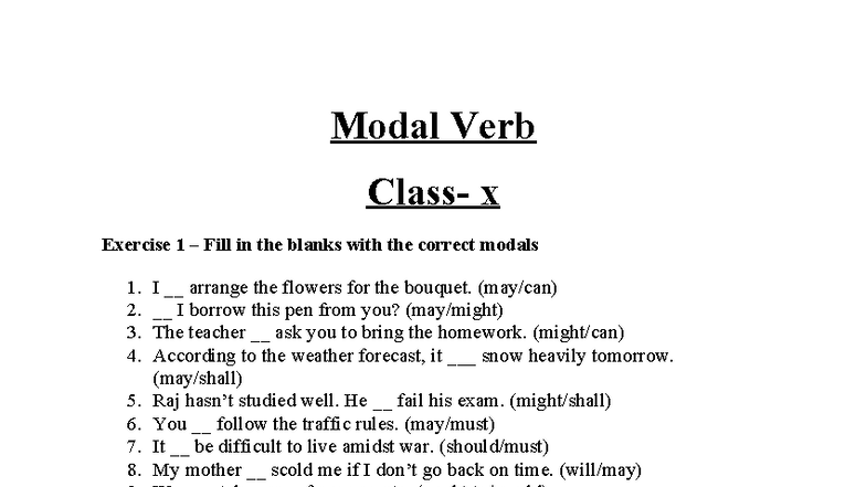 Modal Verbs Exercise 1: Fill in the Blanks with Correct Modals - Studocu