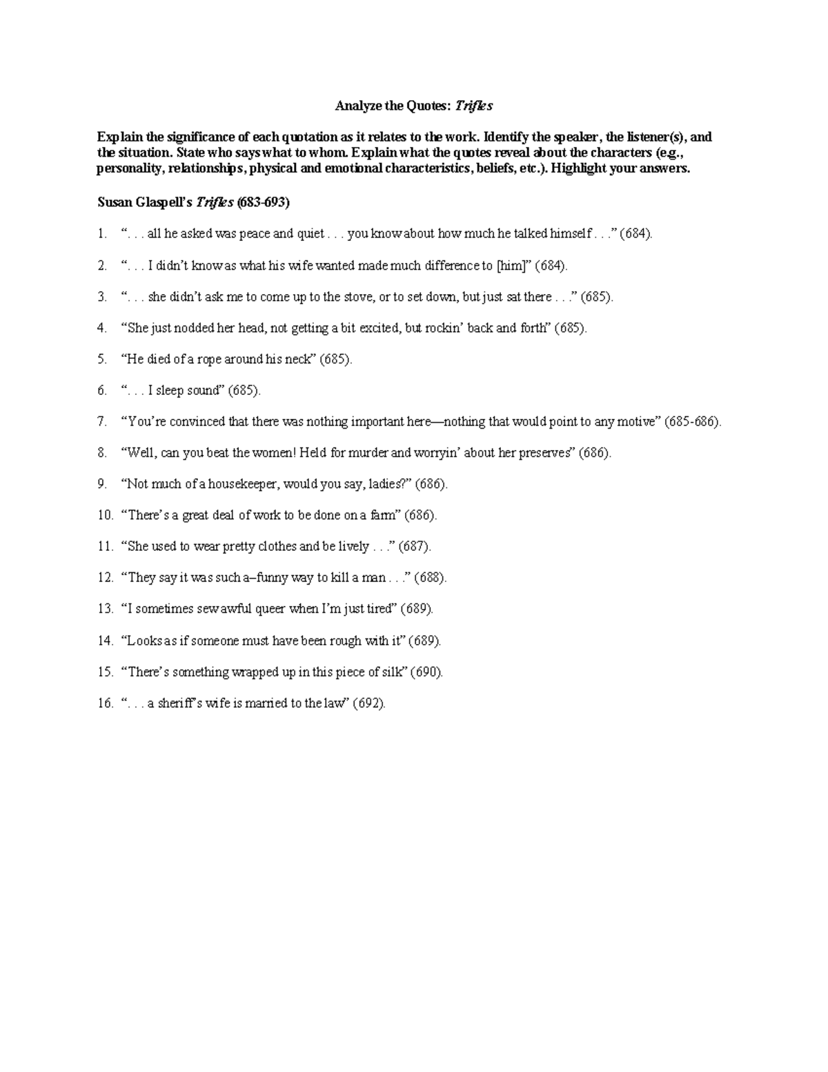 Analysis of Quotes: Significance in Susan Glaspell's "Trifles" - Studocu