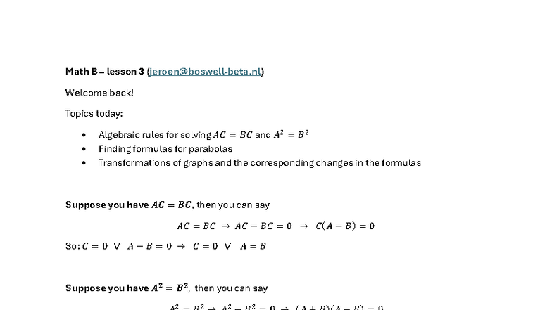 Math B Lesson 3: Algebraic Rules & Parabolas Explained - Studeersnel