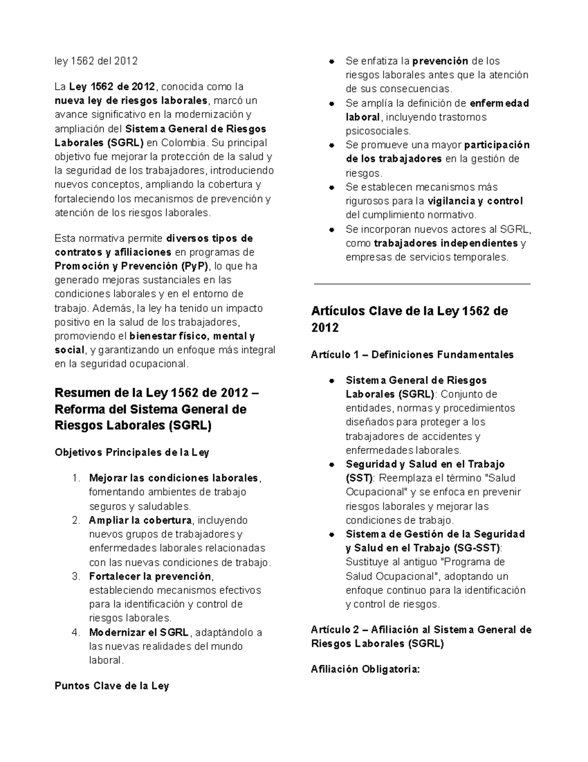 Ley 1562 del 2012 - ley - ley 1562 del 2012 La Ley 1562 de 2012, conocida como la nueva ley de ...