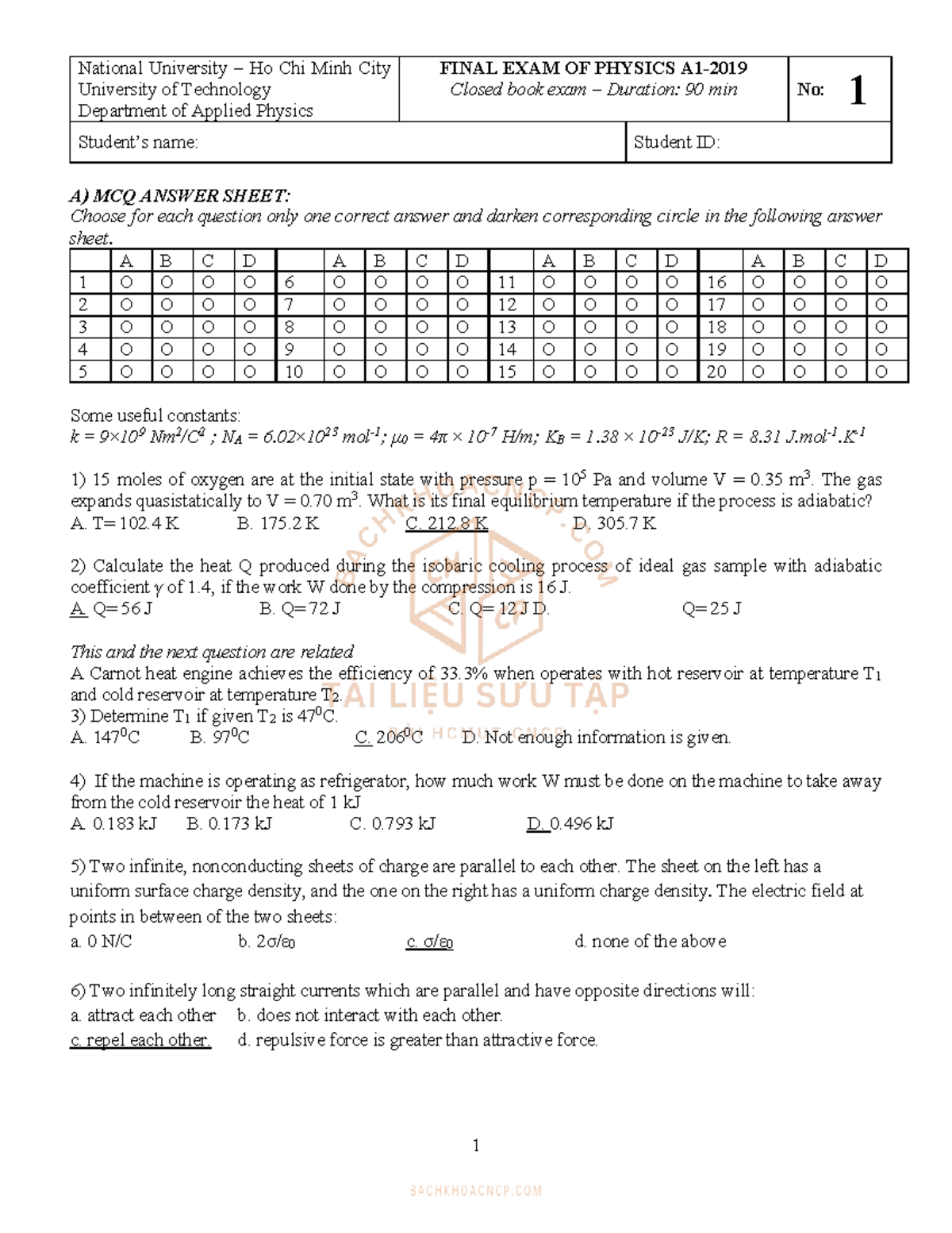PHYS 101 Final Exam Answer Sheet - National University HCMC - Studocu