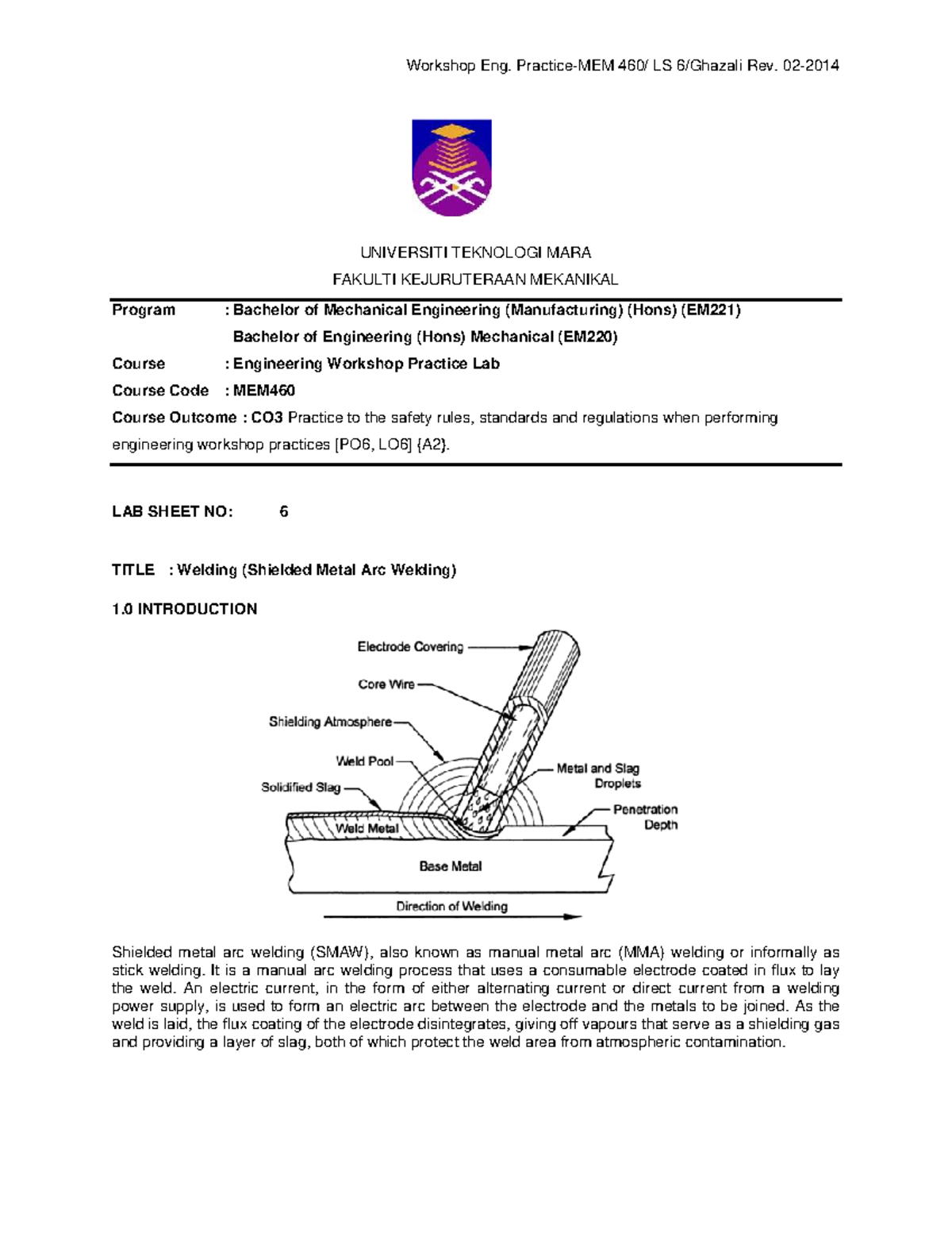 Welding Lab Sheet MEM460: Shielded Metal Arc Welding Techniques - Studocu