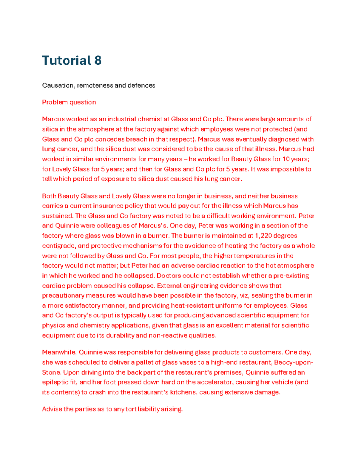 Causation Tutorial 8: Analyzing Liability in Marcus, Peter, and Quinnie's Cases - Studocu