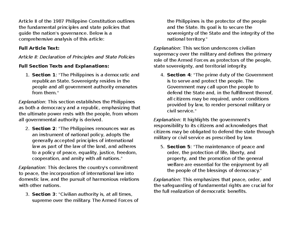 Comprehensive Analysis of Article II: 1987 Constitution Details - Studocu
