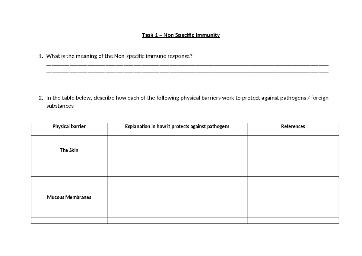 Task 1: Non-Specific Immunity Overview and Key Concepts - Studocu