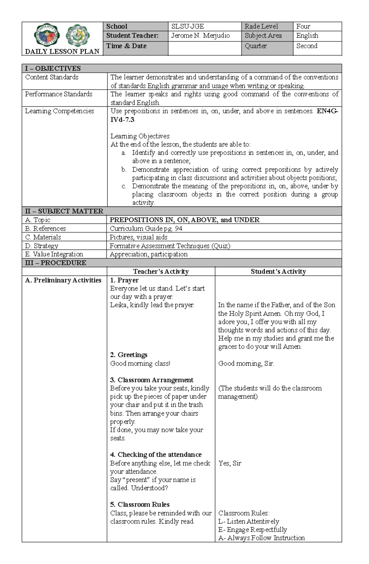 DAILY LESSON PLAN: PREPOSITIONS IN, ON, ABOVE, UNDER (ENG 4) - Studocu