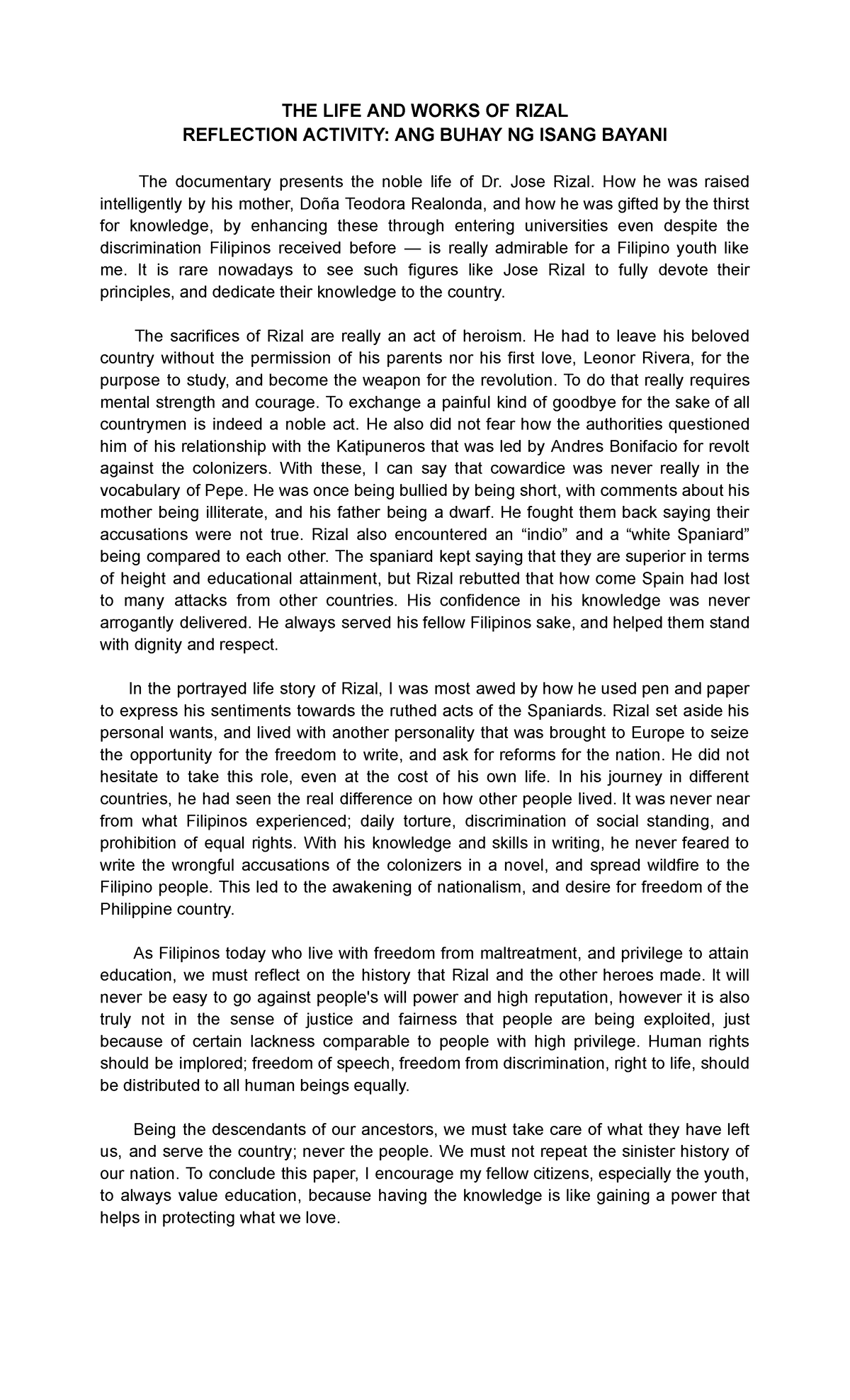 Rizal Reflection - THE LIFE AND WORKS OF RIZAL REFLECTION ACTIVITY: ANG ...