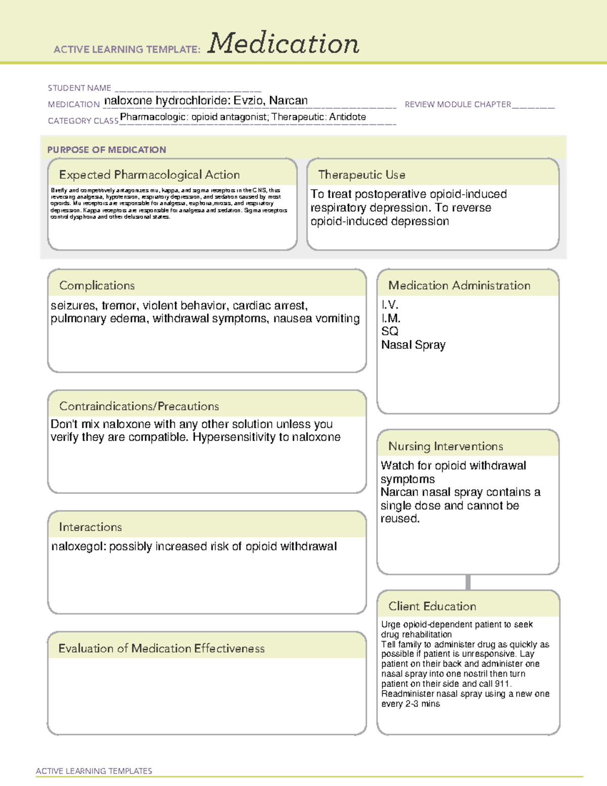 Naloxone - ACTIVE LEARNING TEMPLATE: Medication STUDENT NAME naloxone ...