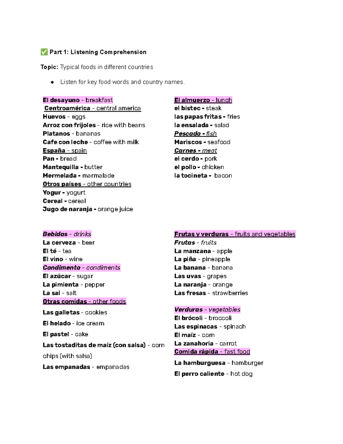 Exam 3 Study Guide: Food Vocabulary & Preterite Verb Choice - Part 1 ...