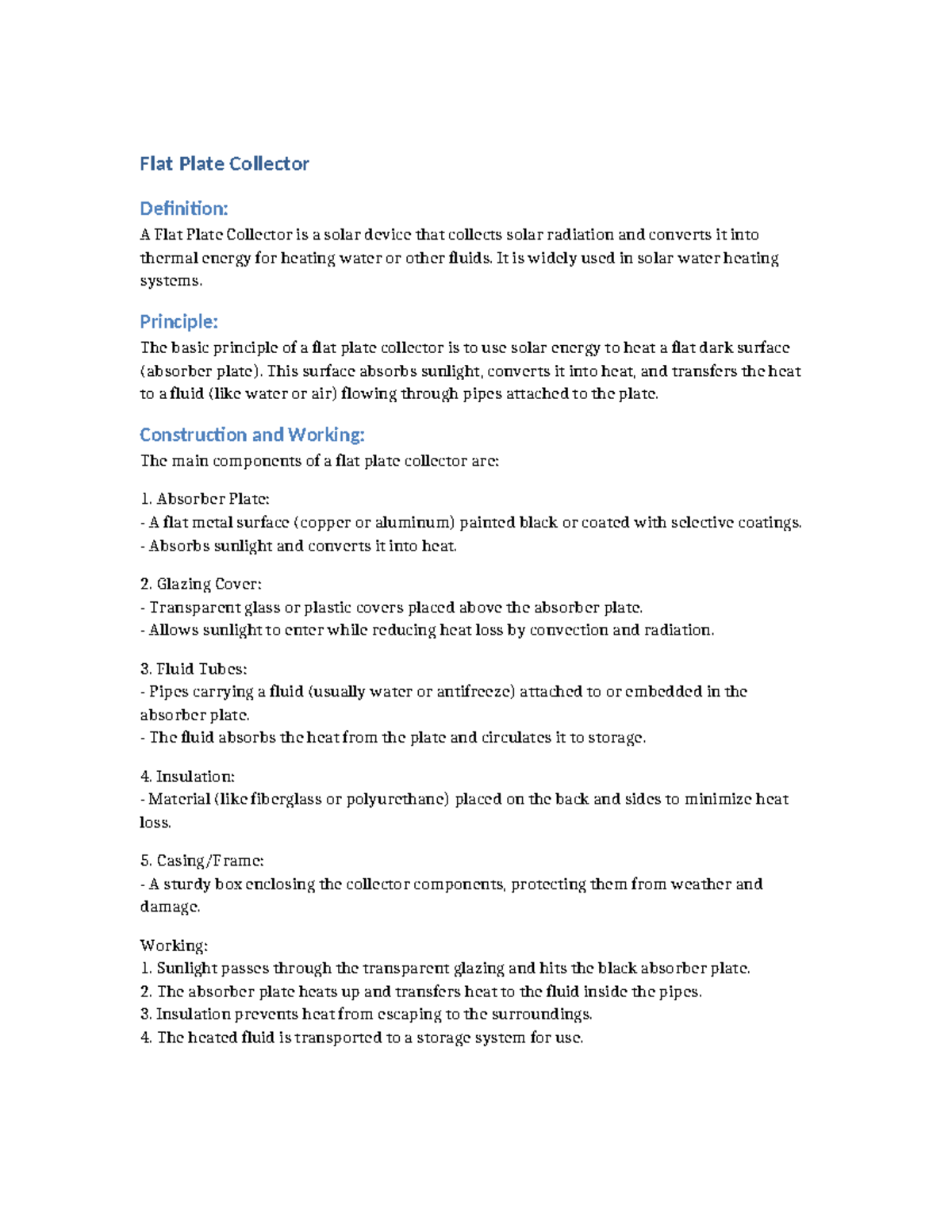 Solar Thermal Energy Collection: Flat Plate Collector Notes - Studocu