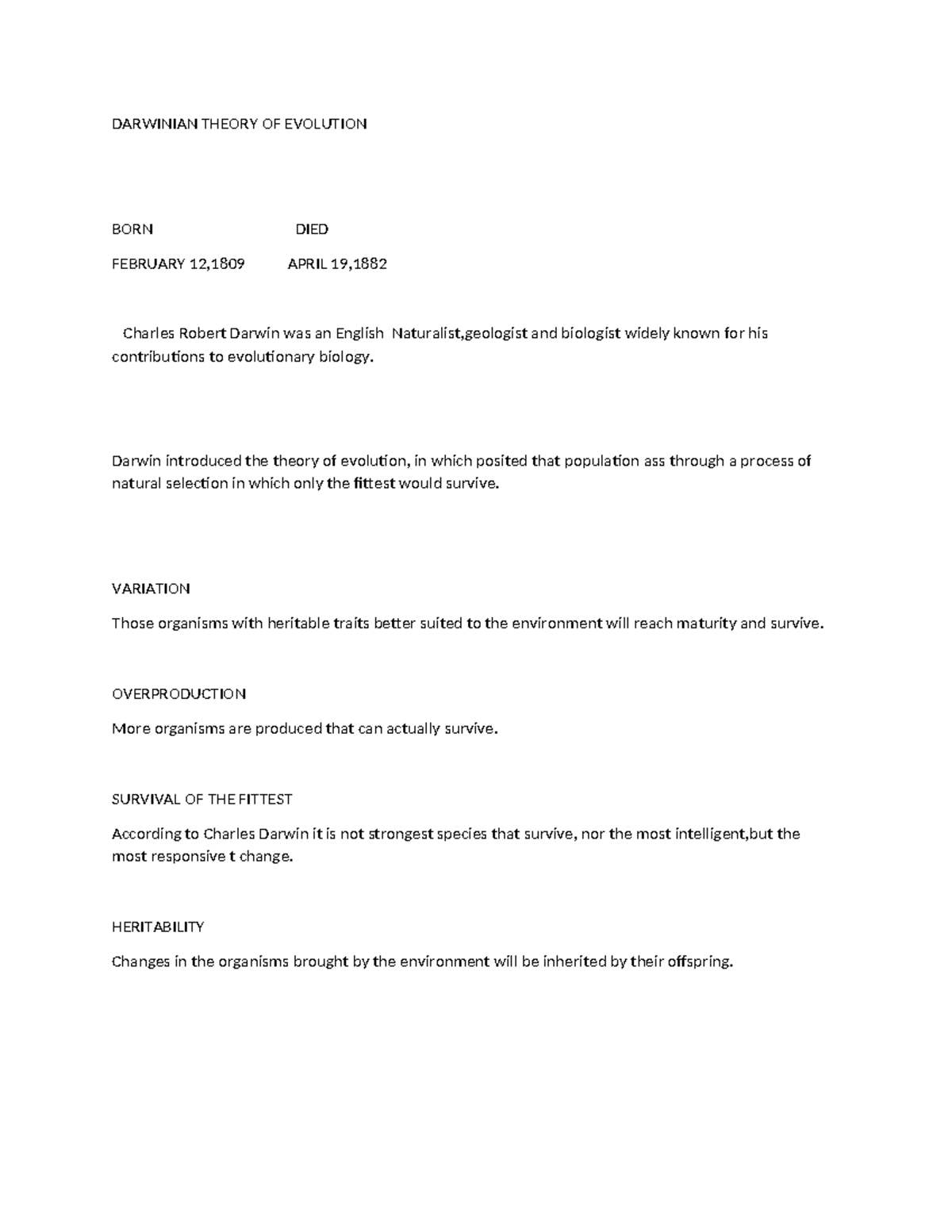 Darwinian Theory of Evolution: Key Concepts and Insights - Studocu