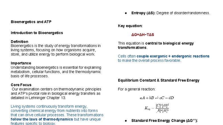 Biochemistry Notes: Bioenergetics & ATP (Chapter 13) - Studocu