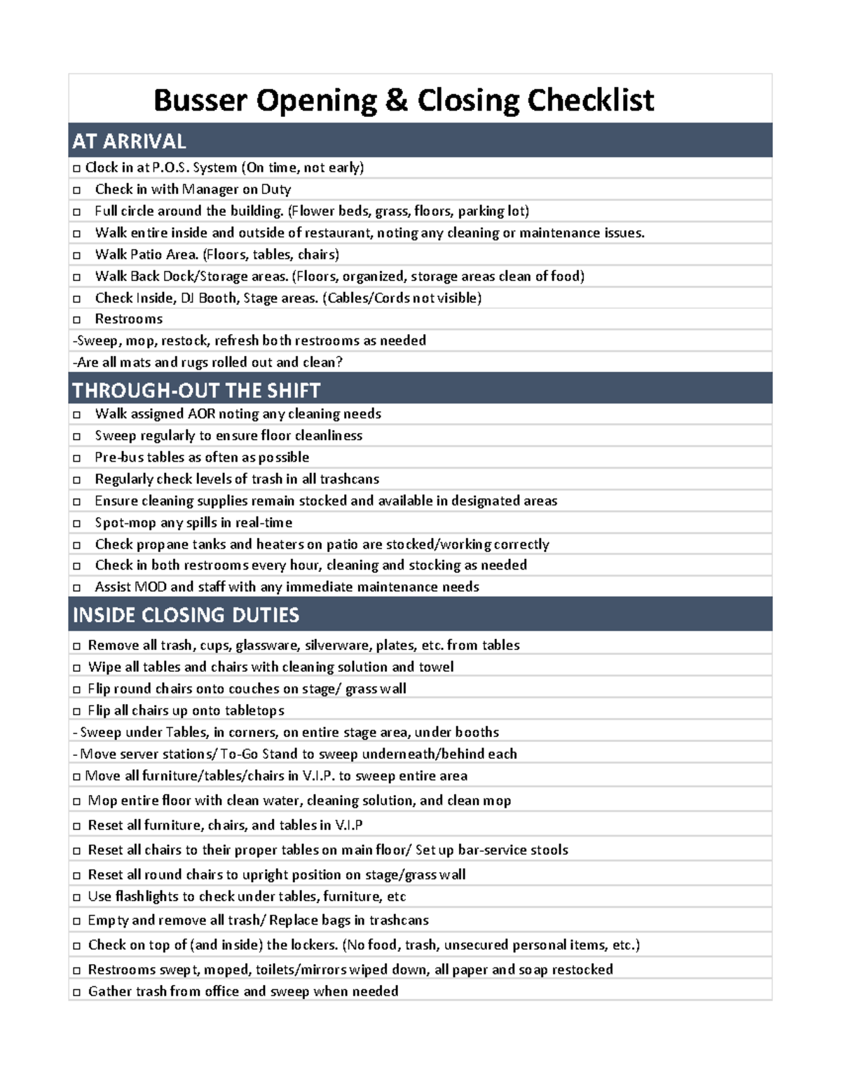Busser Checklist: Opening & Closing Duties for Restaurant Shift - Studocu