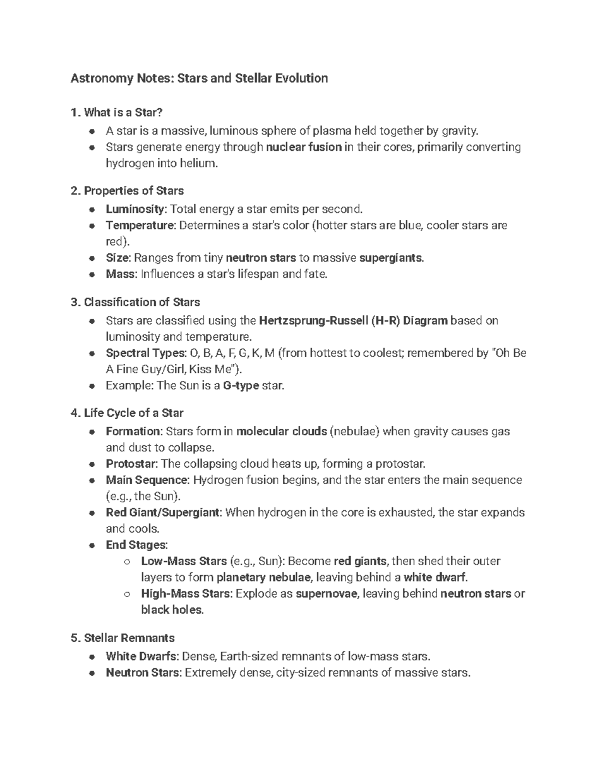 Astronomy Notes on Stars & Stellar Evolution (ASTR101) - Studocu