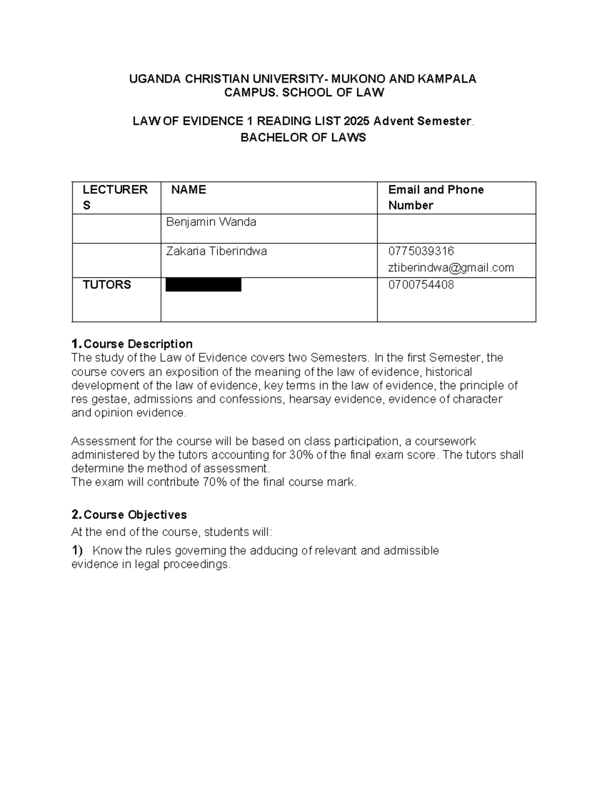 Law of Evidence 1 Reading List - UGANDA SCHOOL OF LAW 2025 - Studocu