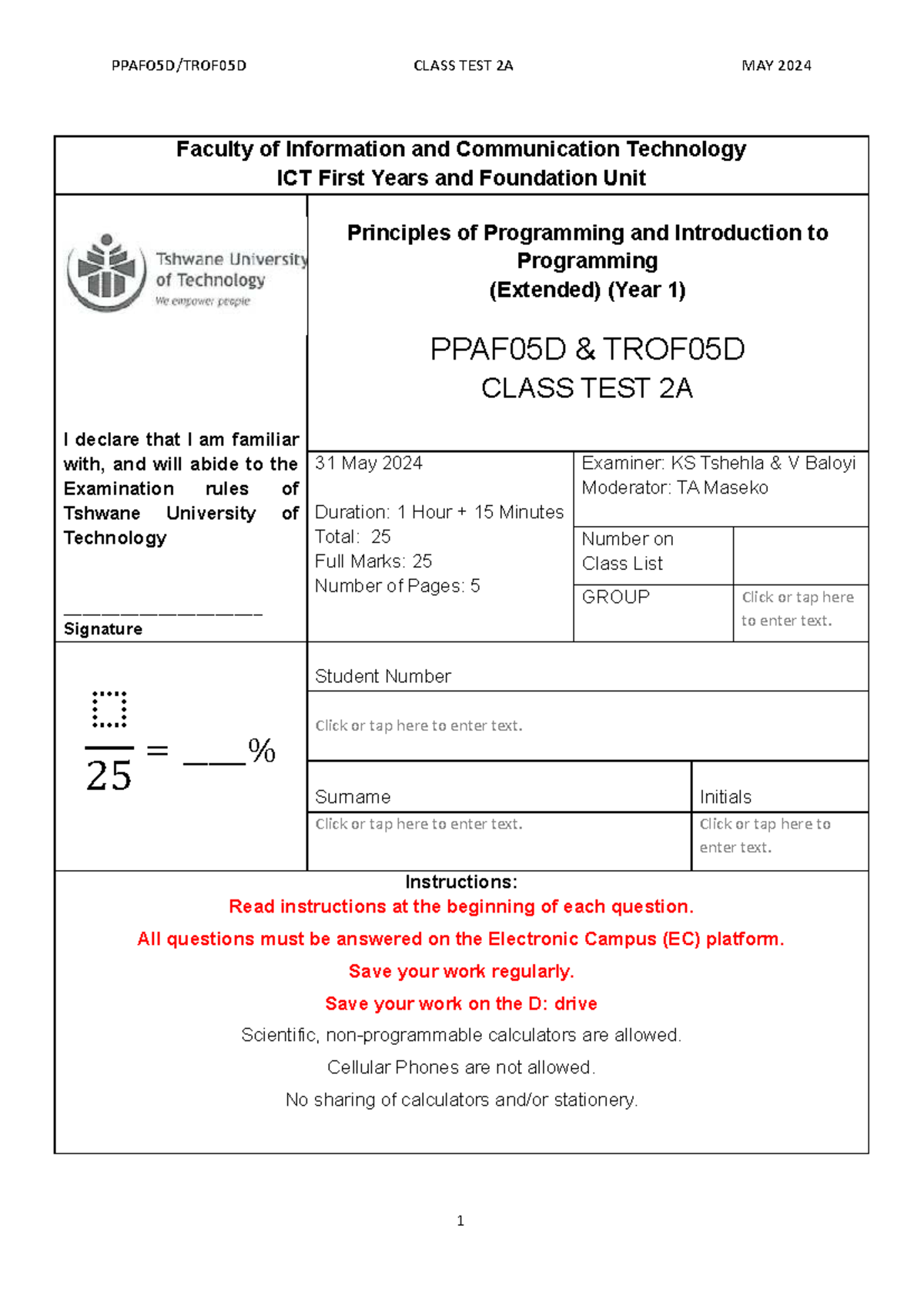 CLASS TEST 2A PPAF05D/TROF05D MAY 2024: Principles of Programming - Studocu