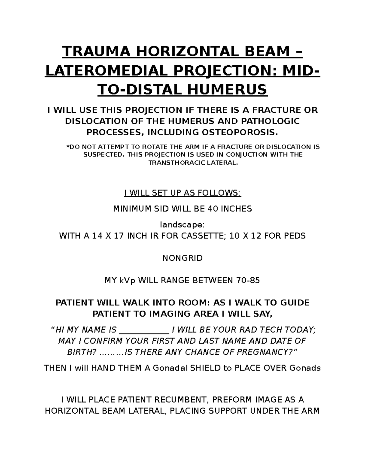 Trauma Horizontal Beam: Lateral Projection for Mid-Distal Humerus - Studocu