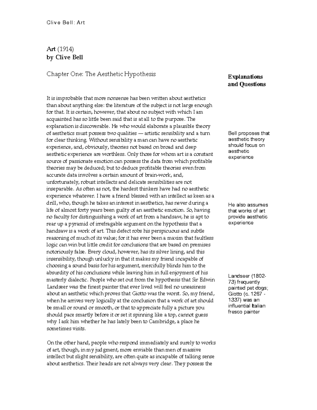 Clive Bell: Art (1914) - Chapter One Analysis and Insights - Studocu