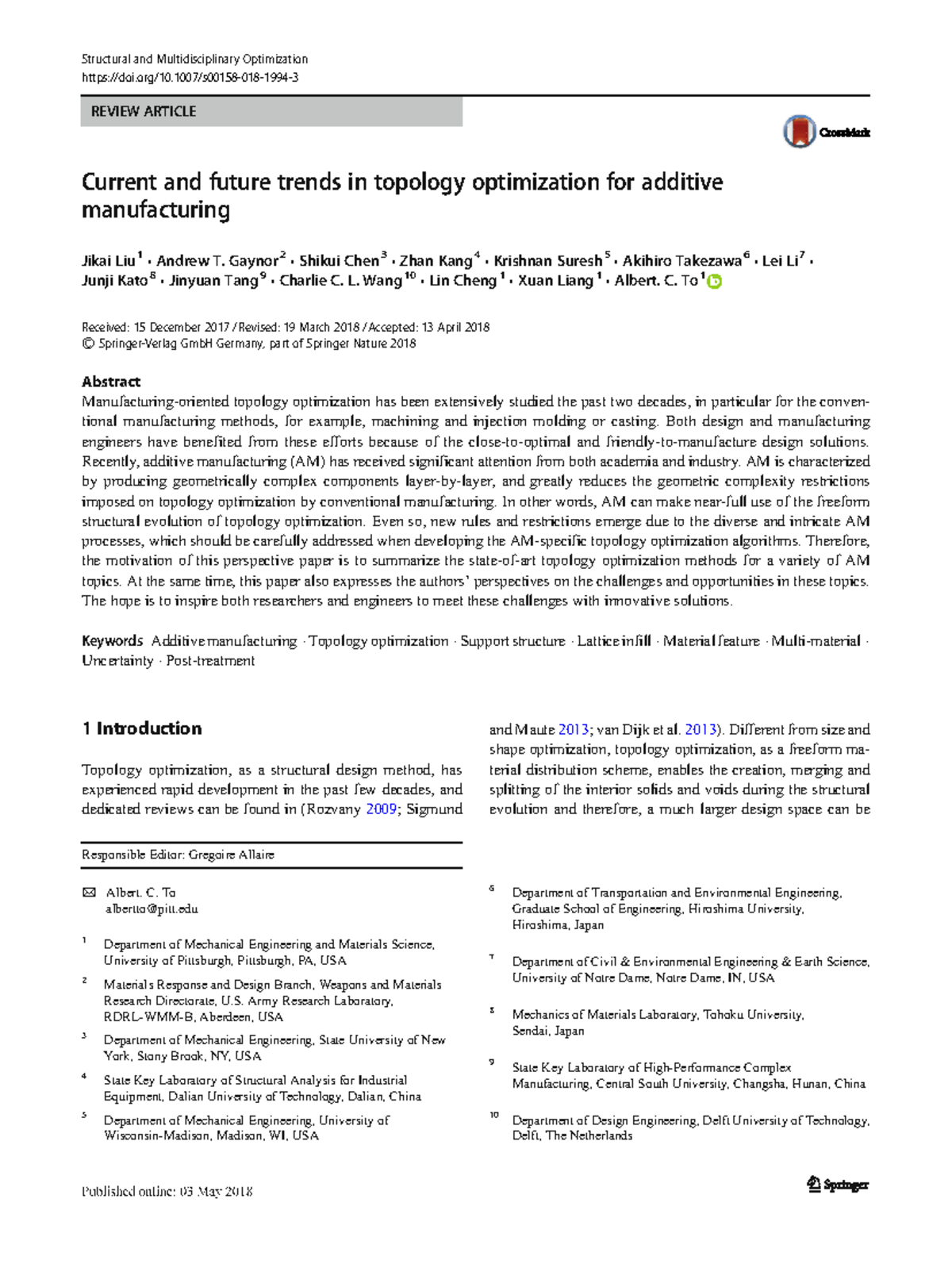 Current Trends in Topology Optimization for Additive Manufacturing: A Review - Studocu