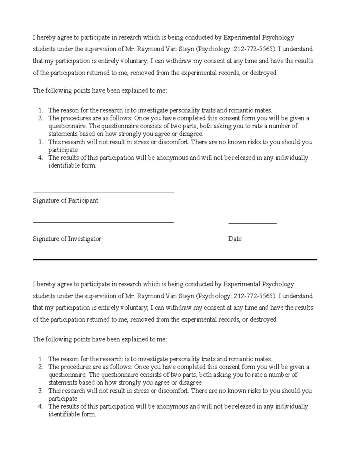 Consent Form for Experimental Psychology Research (Psychology: 212 ...