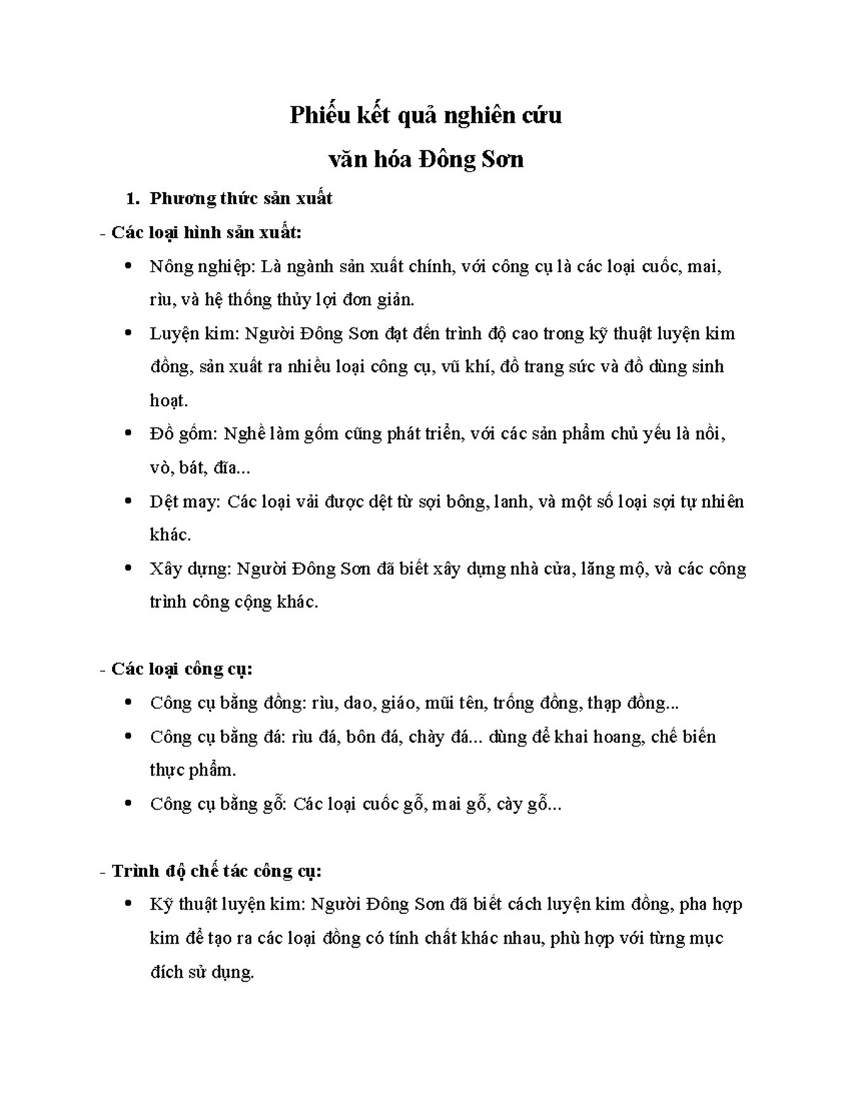 PHIẾU KẾT QUẢ Nghiên cứu văn hóa Đông Sơn - Phiếu kết quả nghiên cứu ...