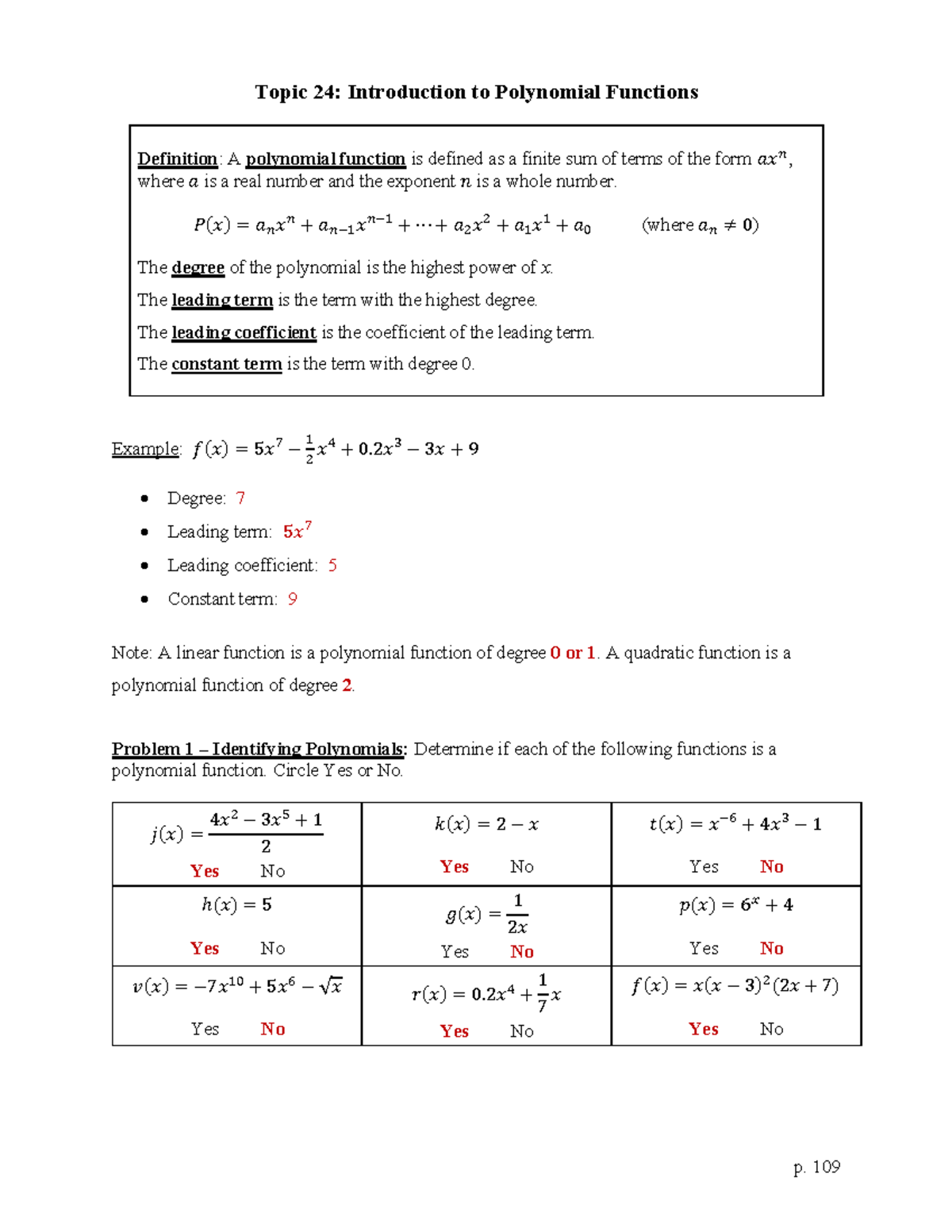 Introduction to Polynomial Functions and Their Characteristics - p. 109 ...