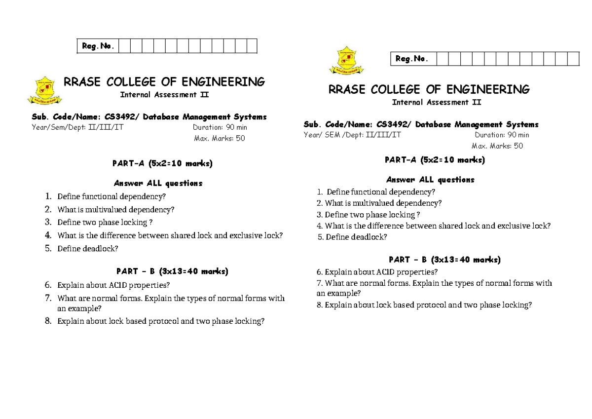 DBMS Internal Assessment II QN - RRASE College of Engineering - Studocu