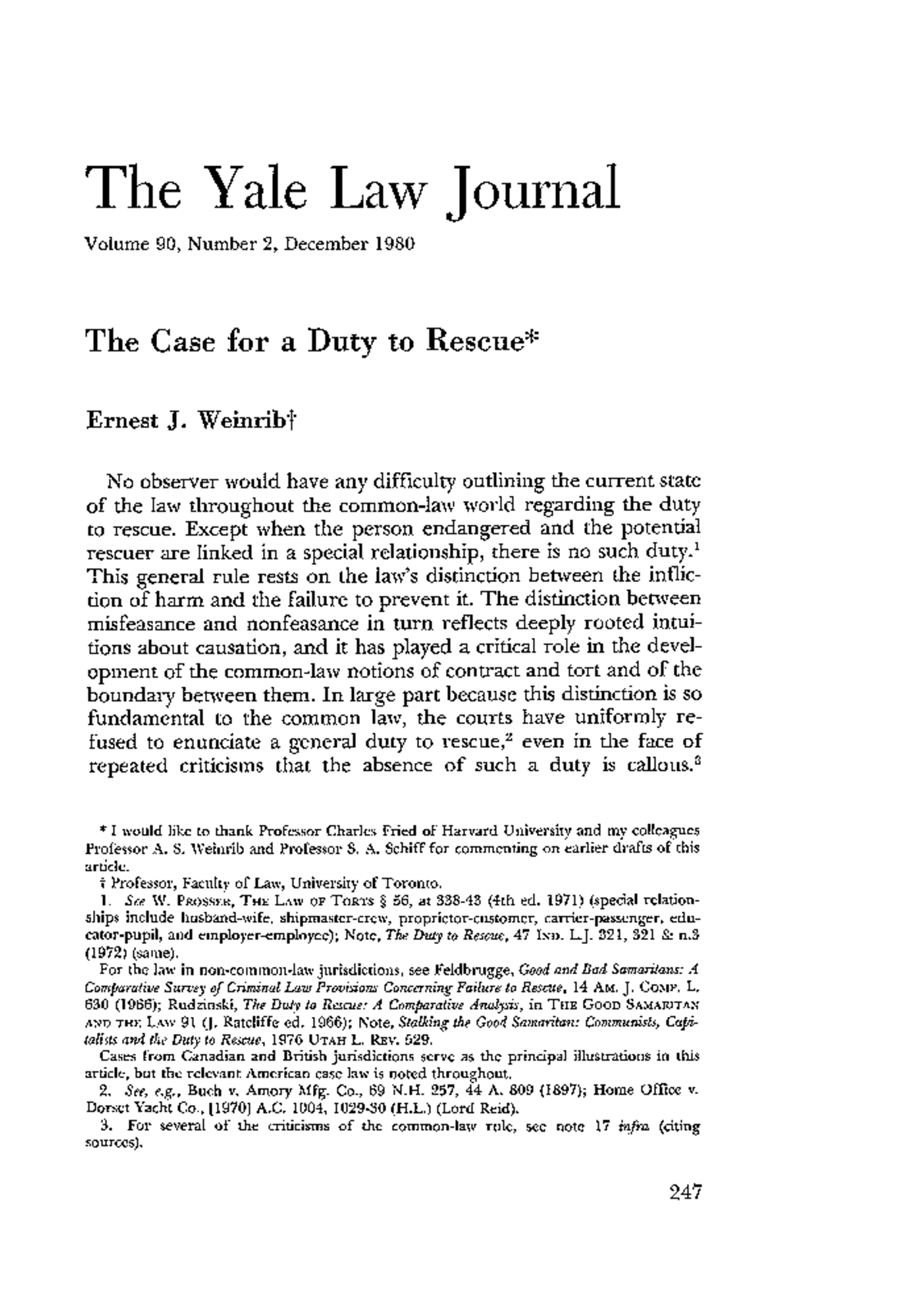 The Yale Law Journal Vol. 90, No. 2: The Case for a Duty to Rescue ...