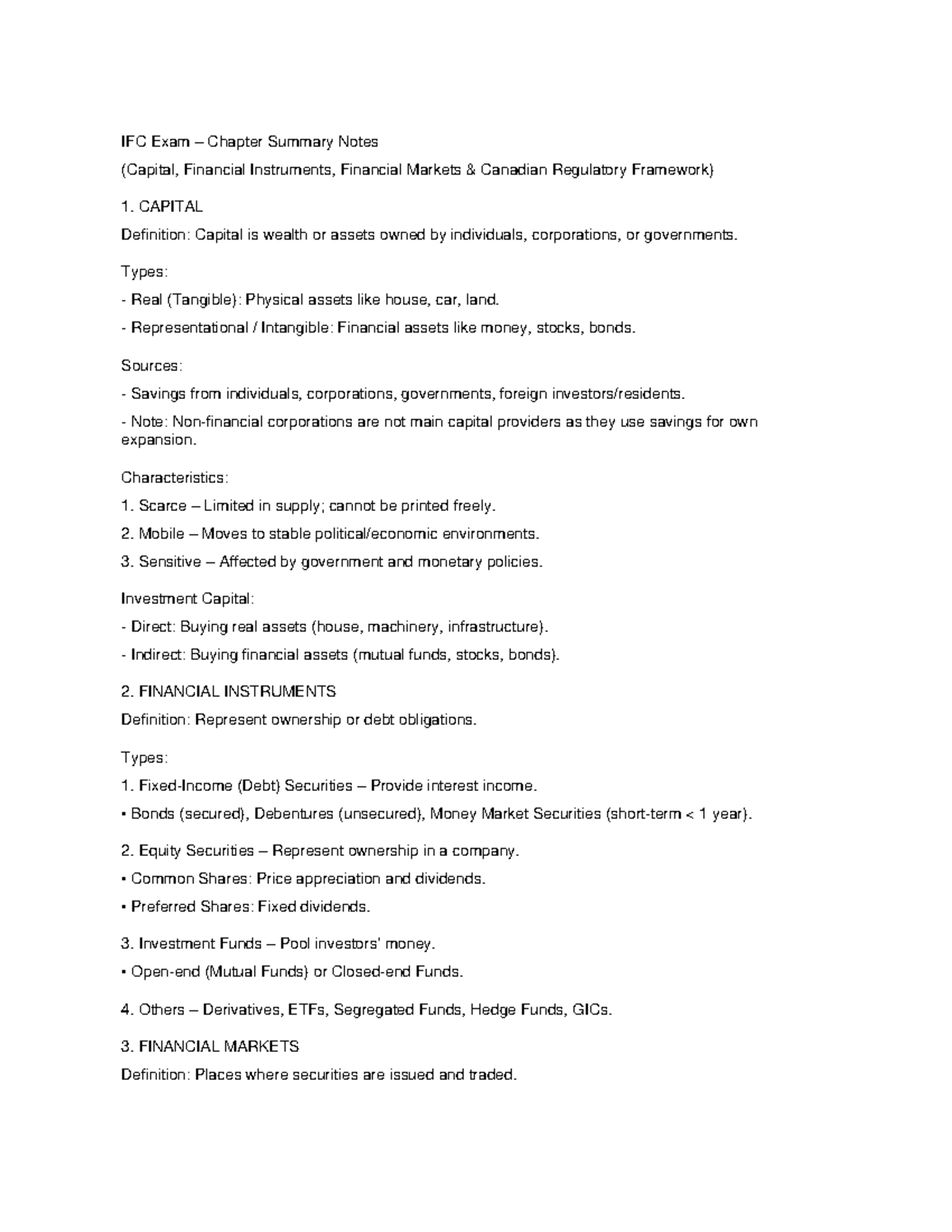 IFC Exam Chapter 2 Summary: Capital, Financial Instruments & Markets ...
