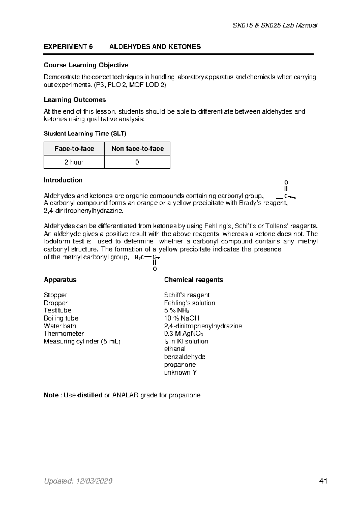 SK015 & SK025 Lab Manual: Aldehyde & Ketone Experiment Insights - Studocu