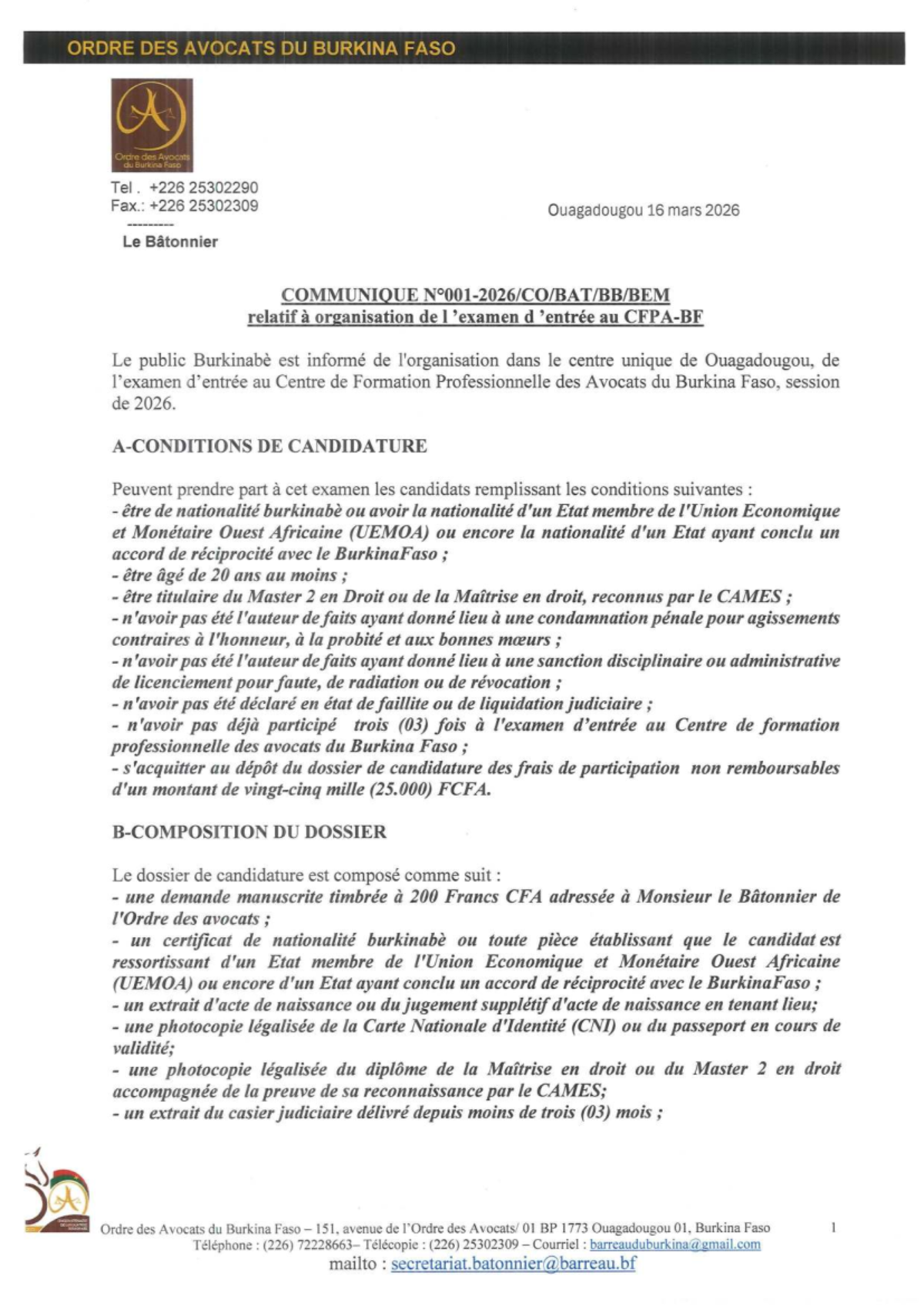 Examen 2026 du Centre de Formation Professionnelle des Avocats (CFPAB ...