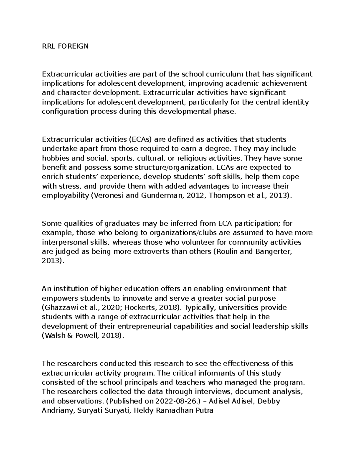 RRL FOREIGN: Impact of Extracurricular Activities on Student ...