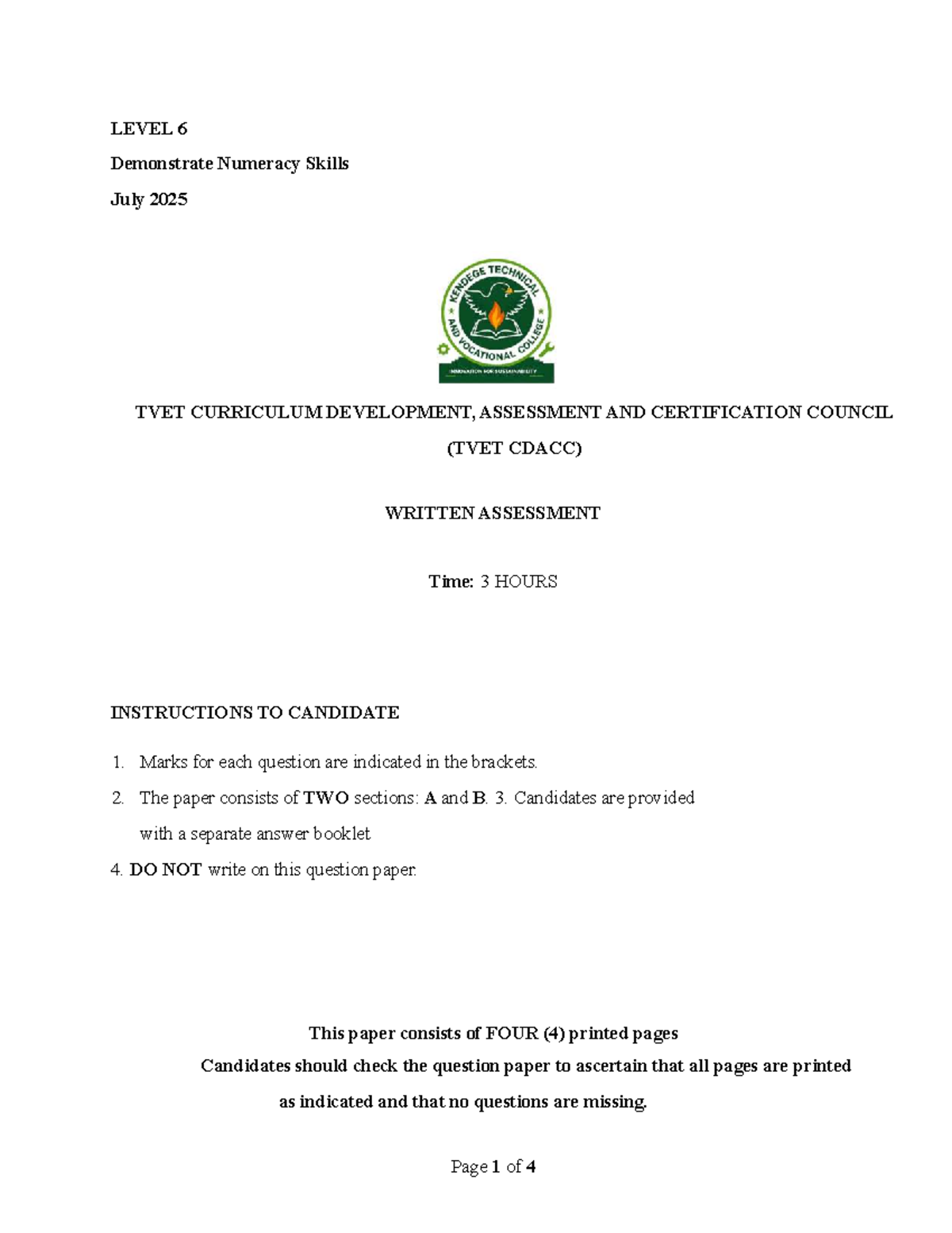 LEVEL 6 Numeracy Skills Past Paper - July 2025 TVET CDACC - Studocu