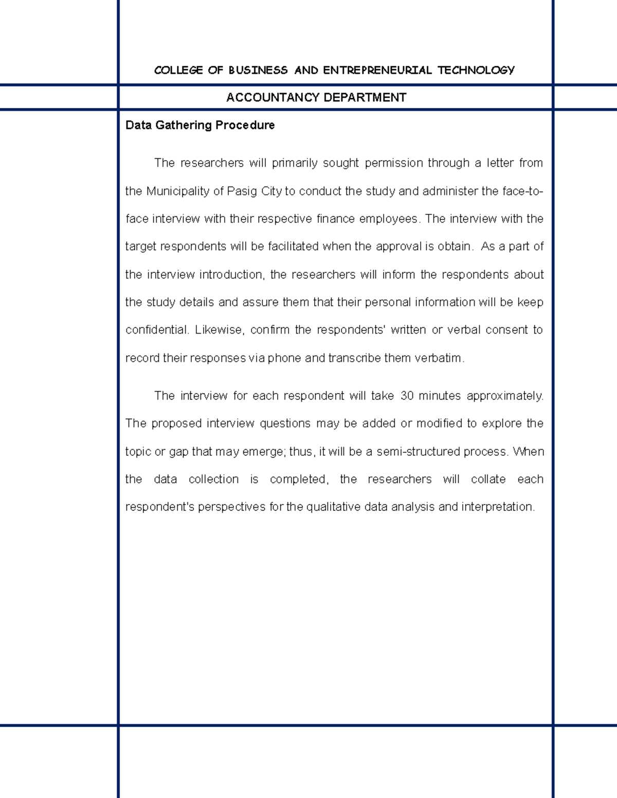 Data Gathering Procedure - ACCOUNTANCY DEPARTMENT COLLEGE OF BUSINESS ...