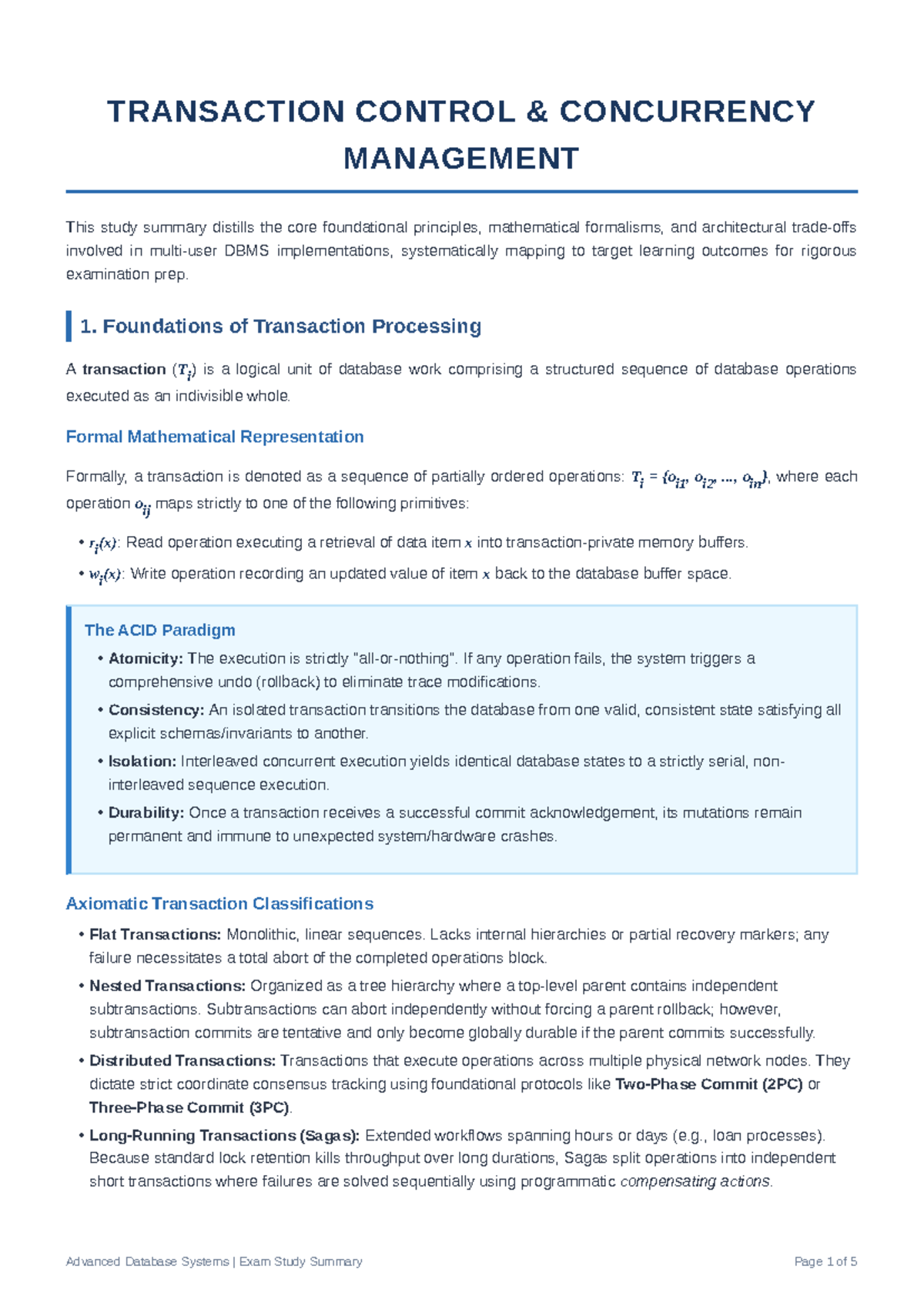 Advanced Database Systems (DBMS) Exam: Transaction Control ...