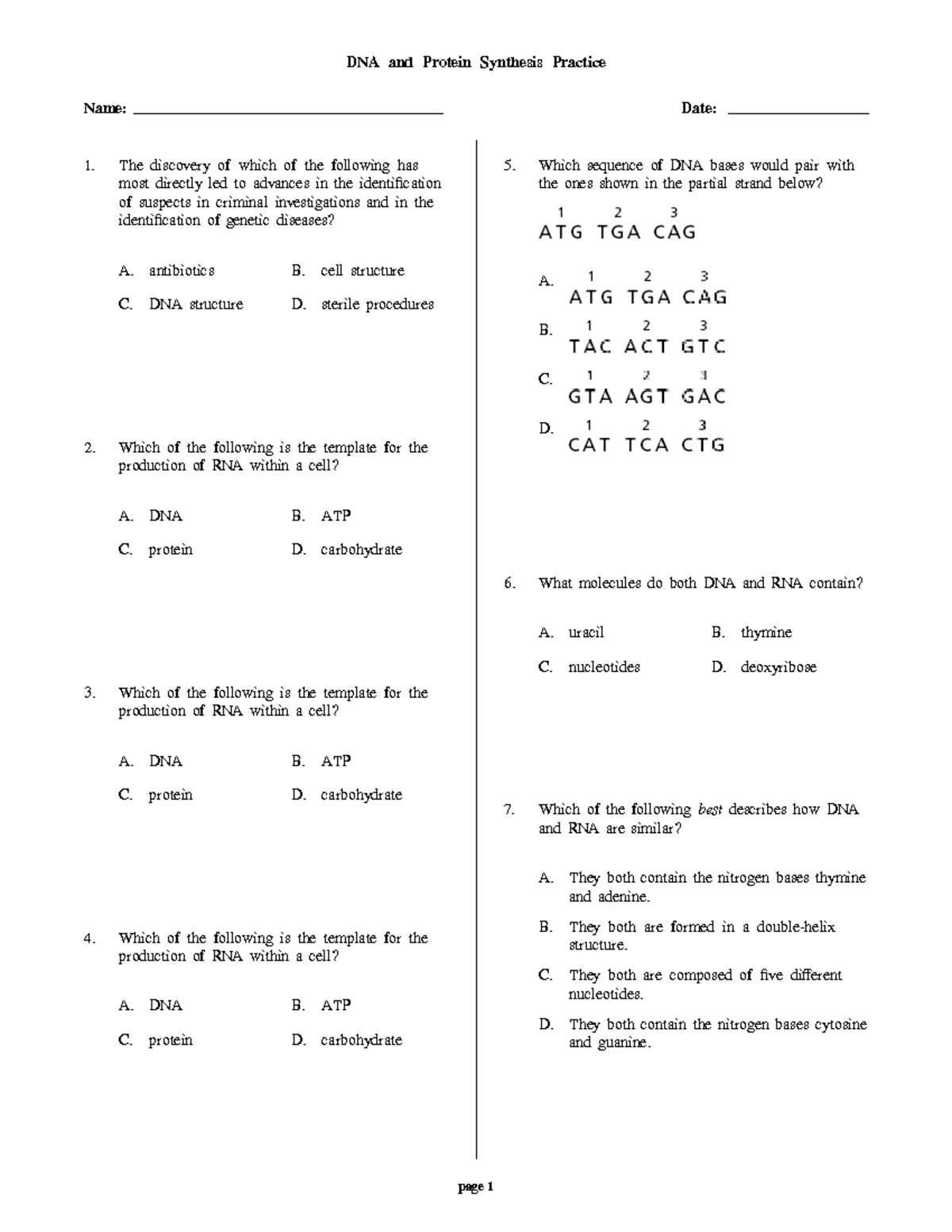 DNA and Protein Synthesis Practice Questions - Studocu