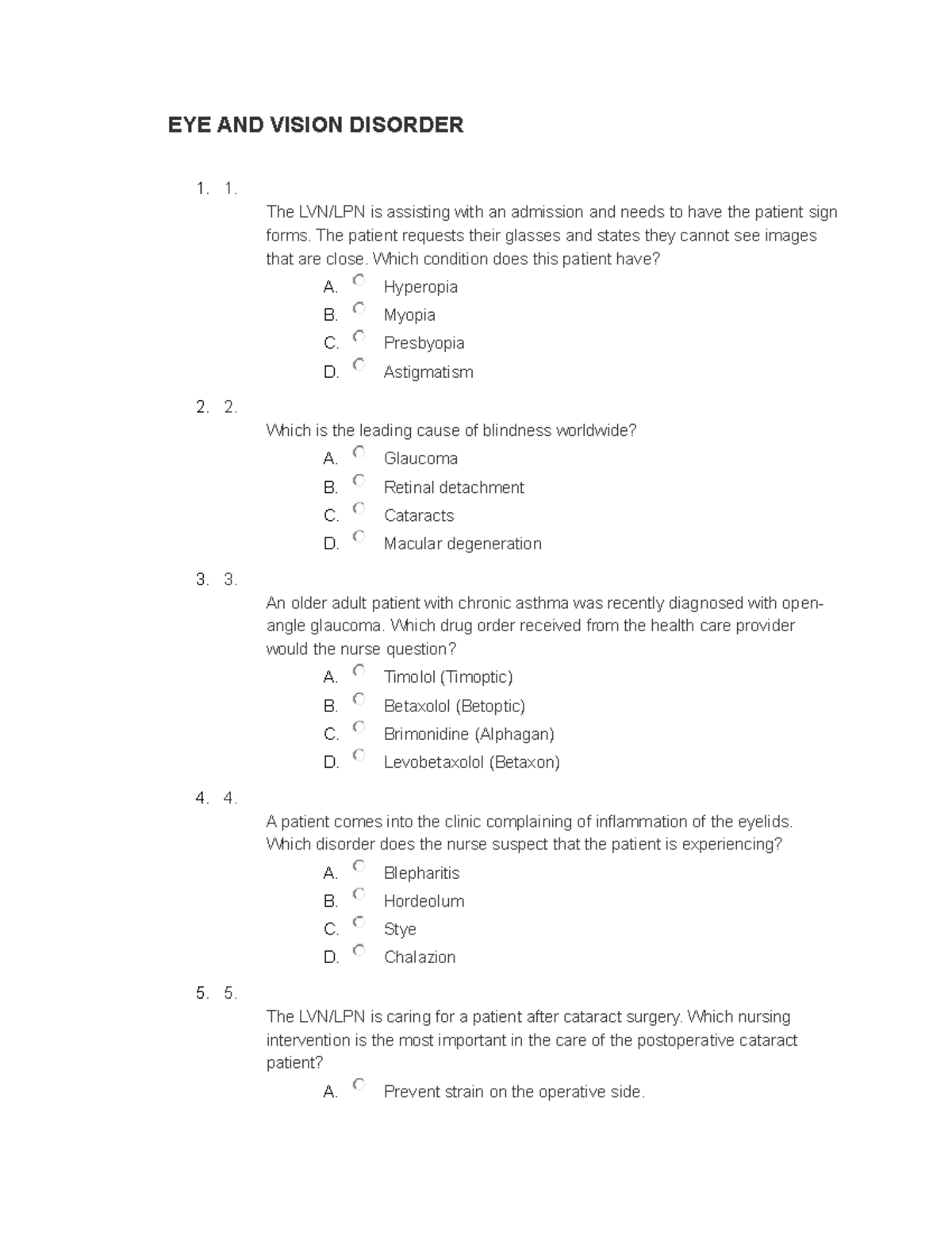 EYE AND VISION DISORDER - NCLEX Exam Prep Questions - Studocu