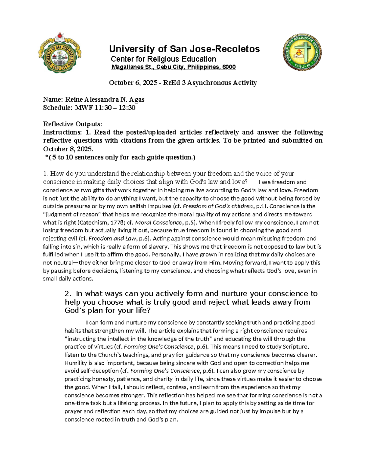 ReEd 3 Reflective Assignment: Nurturing Conscience & Freedom - Studocu