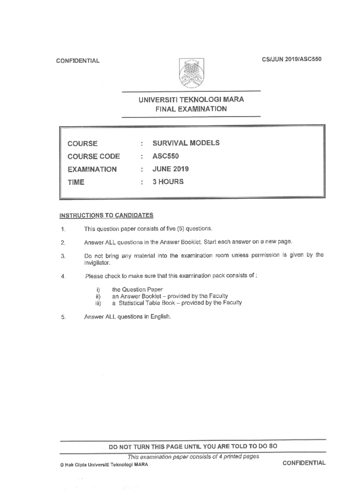 ASC550 FINAL ASSESSMENT JULY 2020 - Survival Models Exam Questions ...