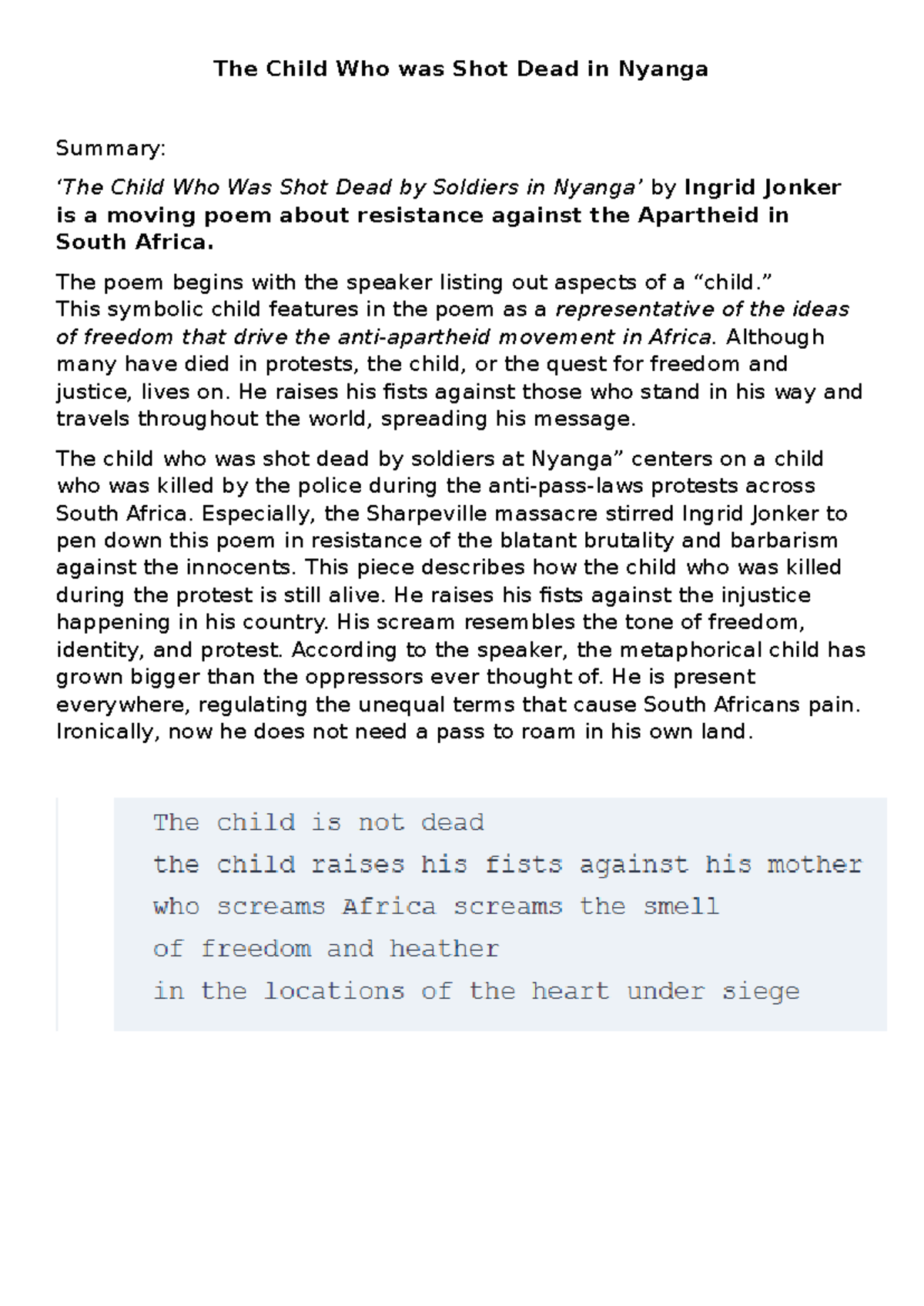 ENG 201: Summary of "The Child Who Was Shot Dead" Poem - Studocu