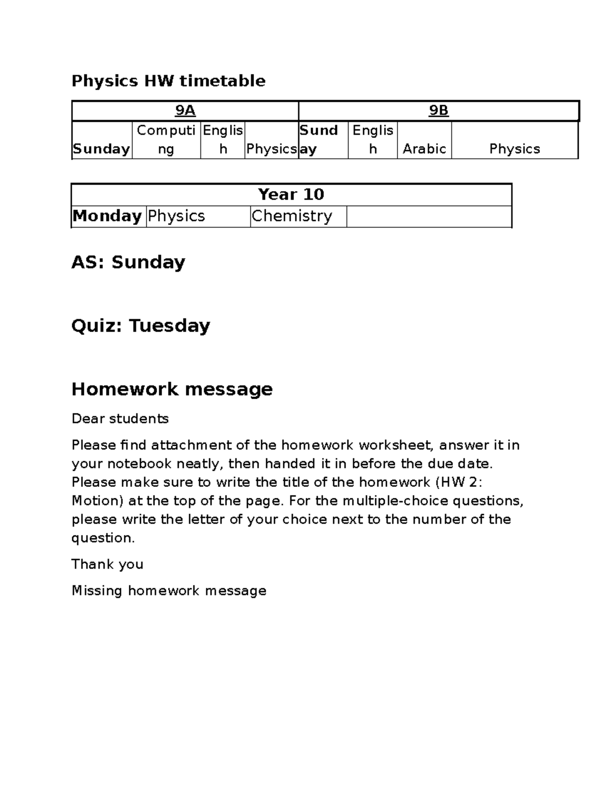 Physics HW Timetable 9A & 9B - Year 10 Chemistry Quiz - Studocu
