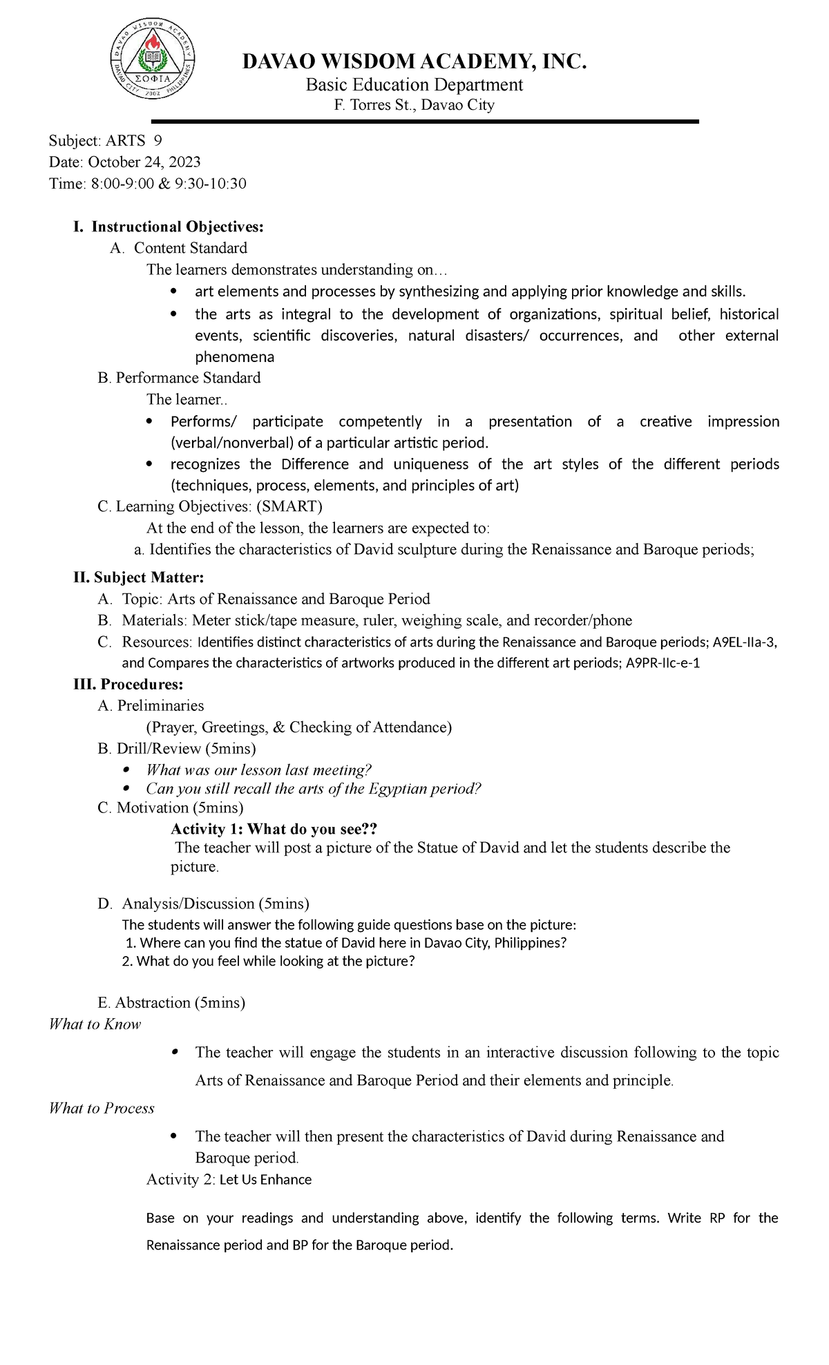 ARTS 9 Q2 Lesson Plan: Exploring Renaissance & Baroque Periods - Studocu