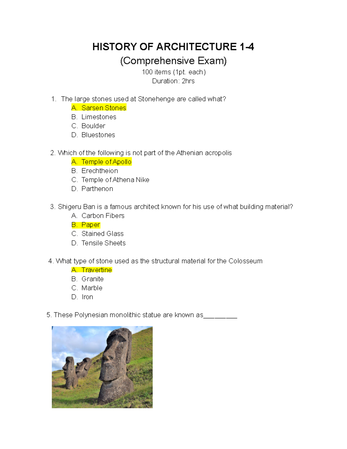 HOA 1 4 Comprehensive Exam Questionnaire - Architecture Study Guide ...