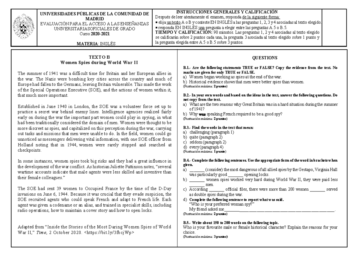 EVAU Practice Test: Women Spies in WWII - Insights & Questions - Studocu