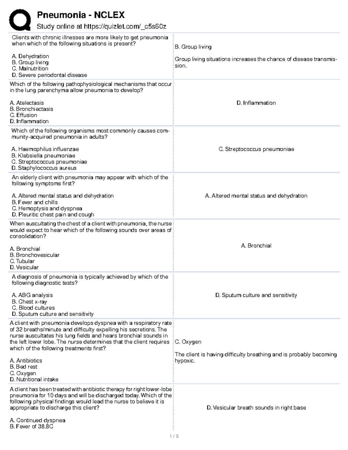 Pneumonia NCLEX Study Guide: Key Concepts and Practice Questions - Studocu