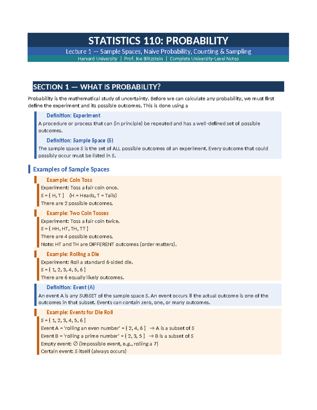 STATISTICS 110: Lecture 1 Complete Notes on Probability Concepts - Studocu
